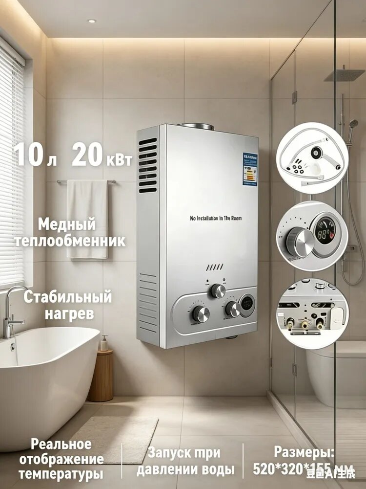 Колонка для сжигания бездымного сжиженного газа, 20 кВт, 10 литров, аккумуляторное зажиганиеer