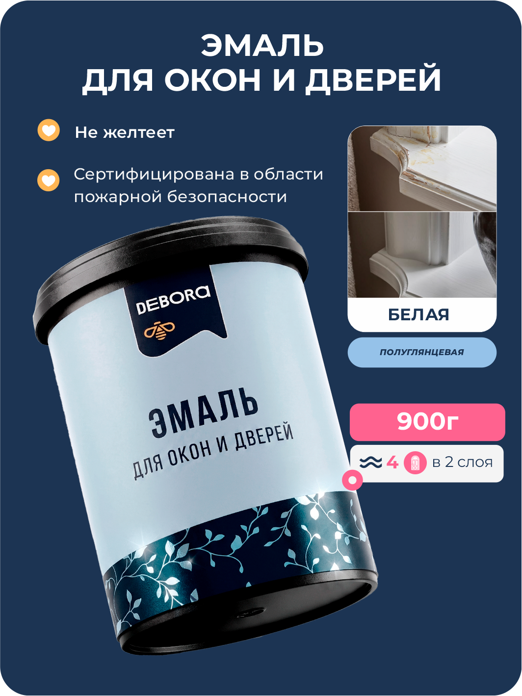 Эмаль для окон и дверей, DEBORA - 0,9 кг.