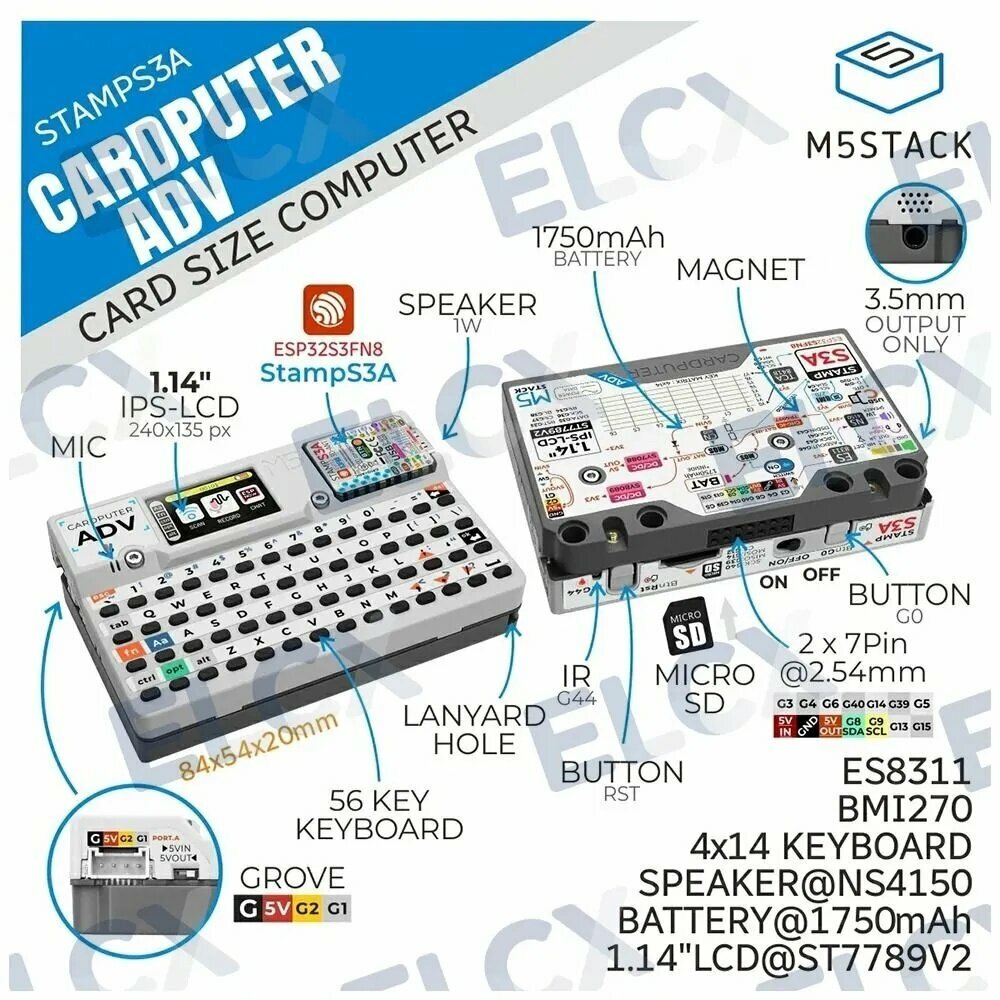 M5stack Cardputer-Adv Микроконтроллеры: Модуль Stamp-S3A, Экран 1,14 Дюйма LCD, 56 Клавиш, Аккумулятор 1750mAh, Оптимизированная Антенна