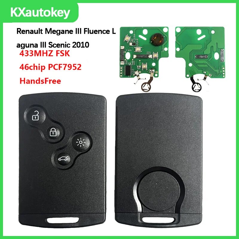 KXK010001 Умный смарт-ключ с высокой степенью совместимости для Renault Megane III, Fluence, Laguna III, Scenic 2009-2015, 433 МГц, чип 46, PCF7952A