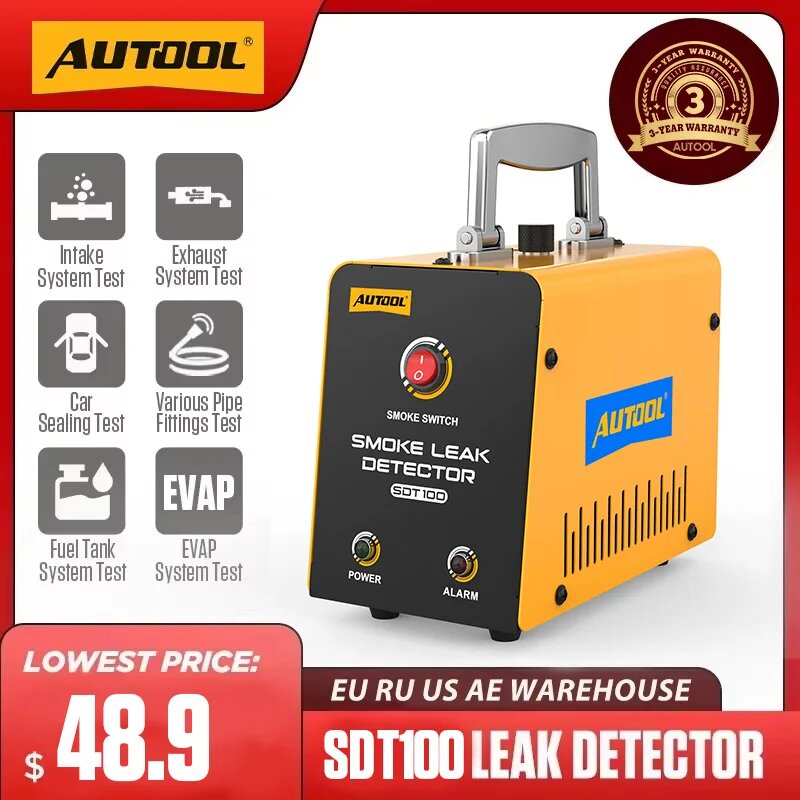Детектор утечек дыма AUTOOL SDT100 для автомобилей, 12В, генератор дыма для трубок EVAP, анализатор утечек в трубах, диагностический прибор