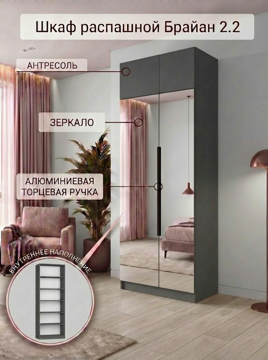 Распашной шкаф с зеркалом Брайан 2 90-55-230 графит белье