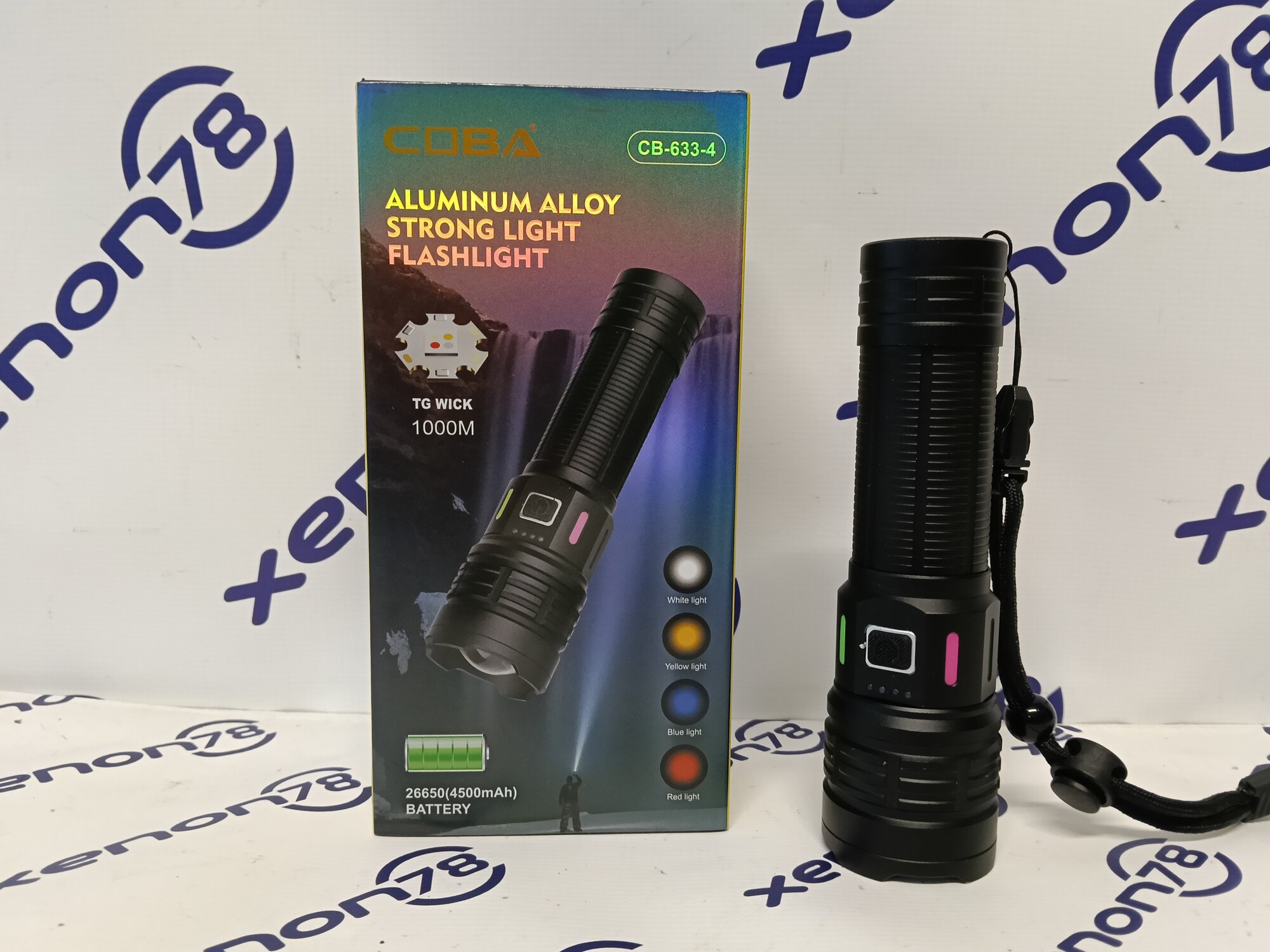 Светодиодный фонарик YYC-6371-PM30-4TG (COBA CB-633-4) 4 в 1 (аккумулятор Coba 9800 mAh 26650, USB, индикация заряда, 4 цвета: белый / синий / желтый / красный) - 1 шт