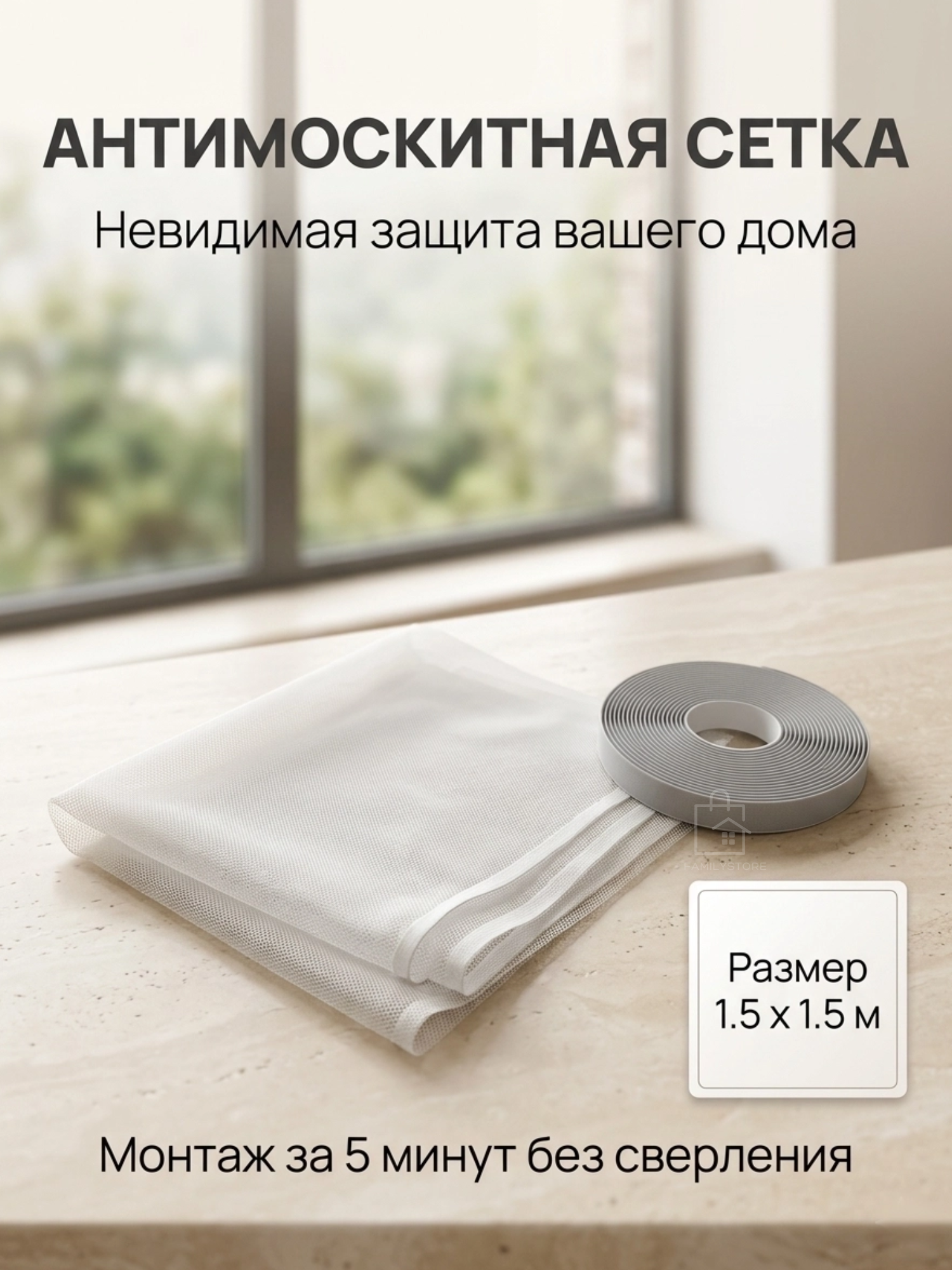 Антимоскитная сетка для окон, с самоклеящейся лентой в комплекте, белая, 1.5x1.5м