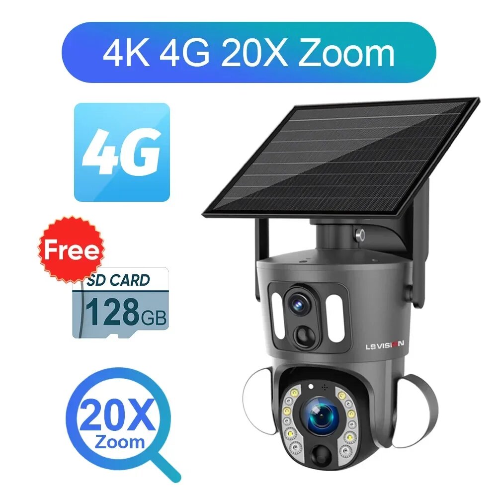 Камера наблюдения LS VISION 4K 4G/WiFi Solar Camera Outdoor с 20-кратным оптическим зумом, двойным экраном, двойным ПИР-обнаружением, автоматическим трекингом и ПТЗ