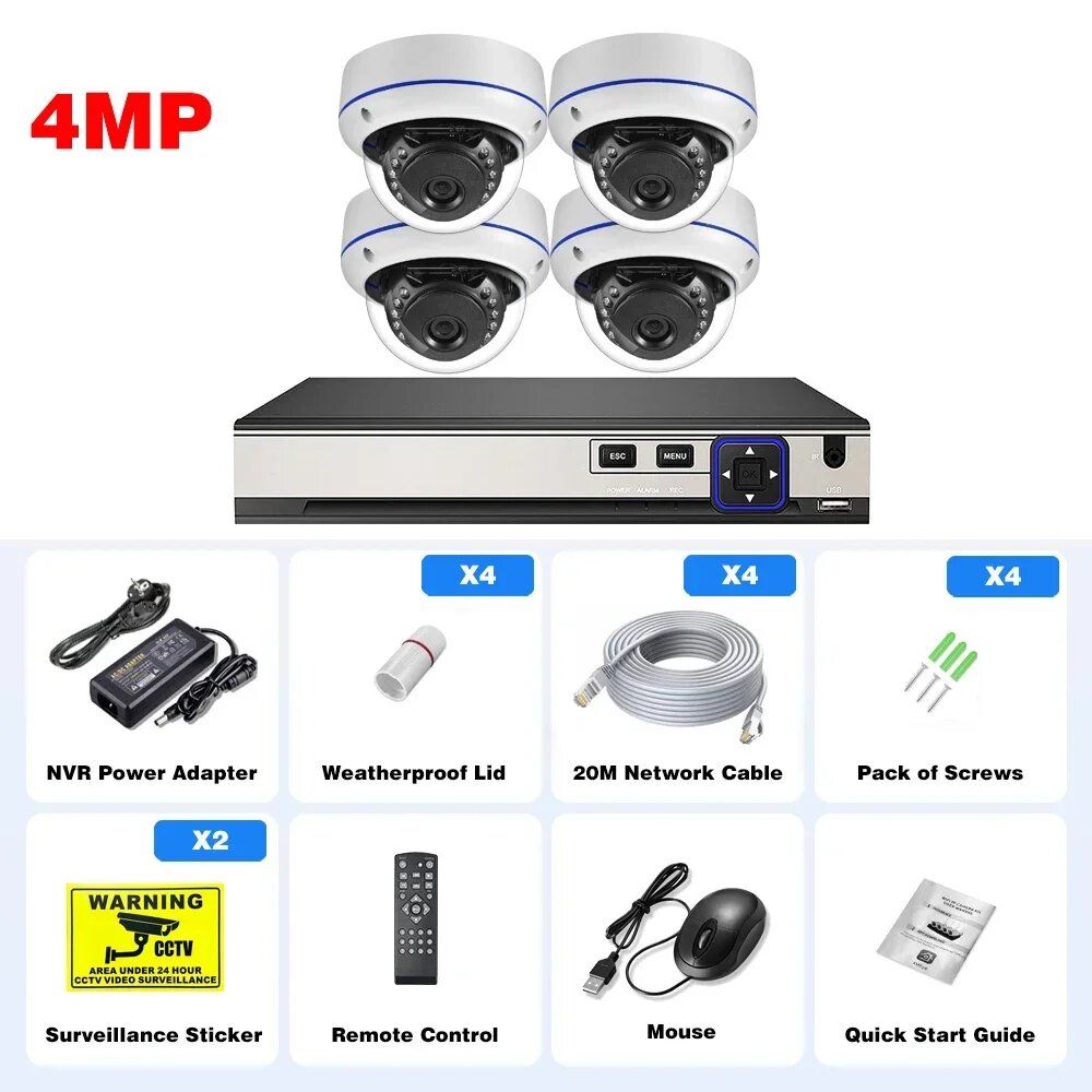 Набор камер безопасности 10CH 4K 8MP POE с аудио- и движение-обнаружением, вандалозащищенные наружные купольные камеры 5MP 4MP для видеонаблюдения CCTV