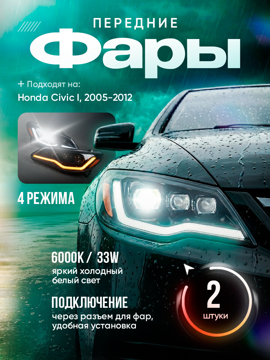 Передние фары Honda Civic I, 2005-2012, 2 шт, LED, 6000К, белый свет