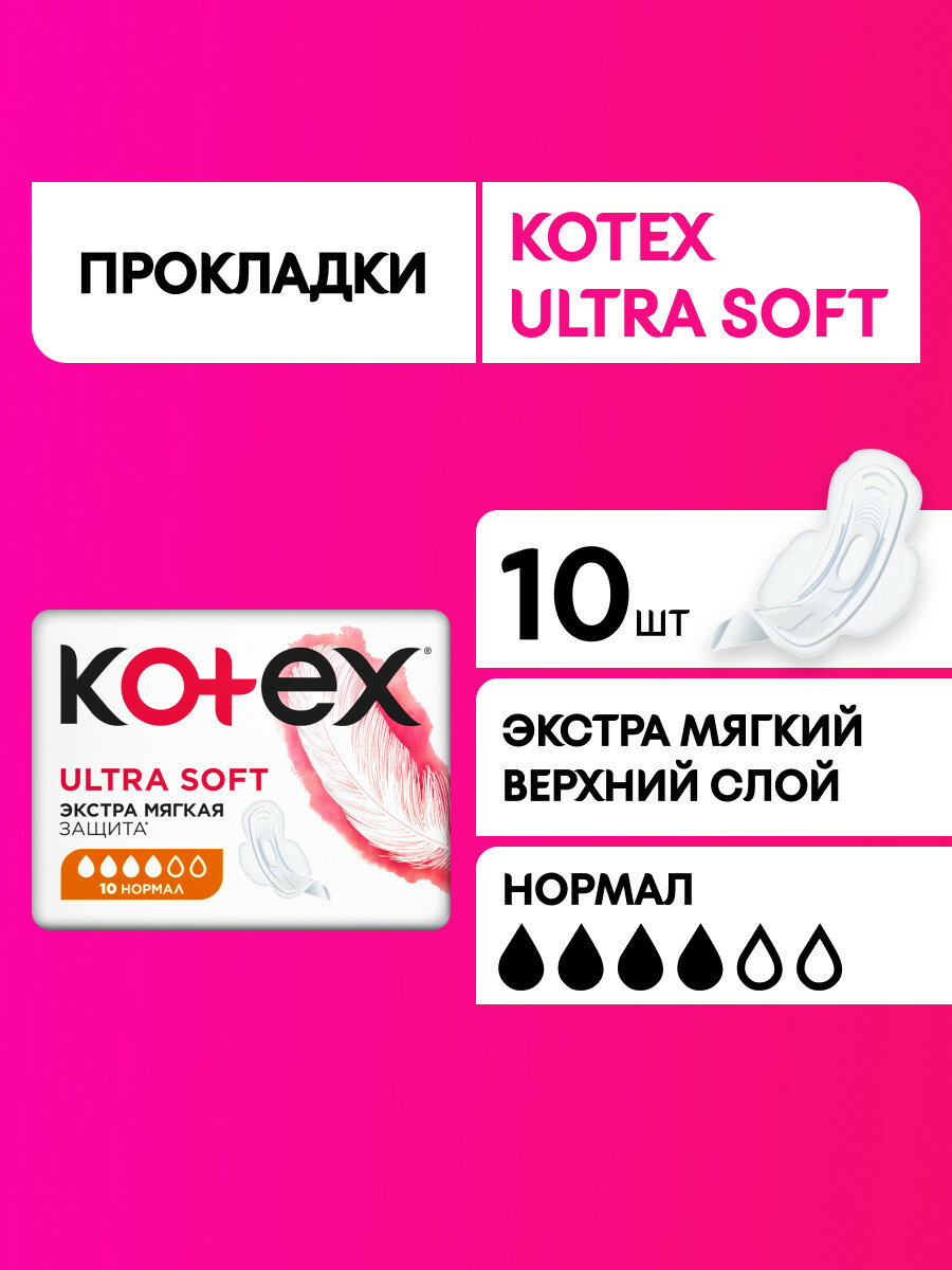 Прокладки женские гигиенические Kotex Soft Нормал, 4 капли, 10 шт