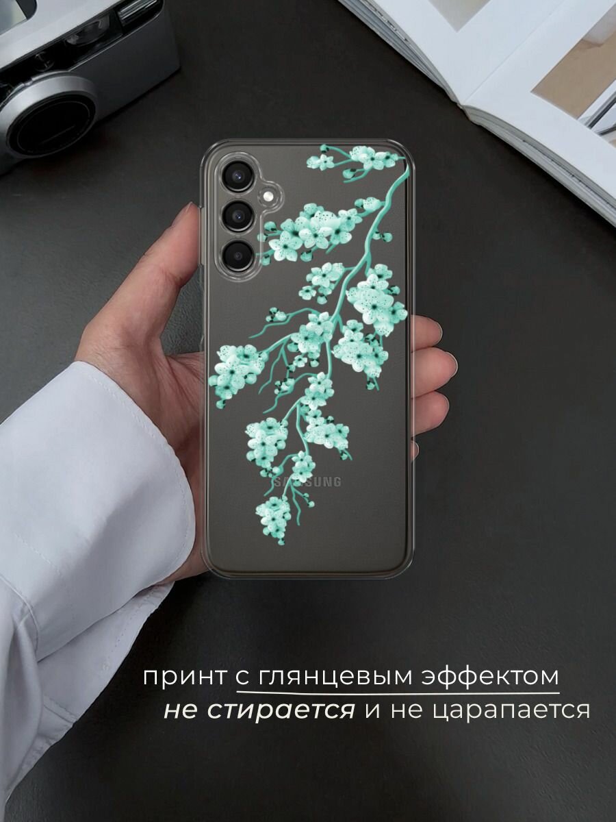Силиконовый чехол на Samsung Galaxy A24 / Самсунг Галакси A24 с принтом Бирюзовая веточка сакуры — фото 1