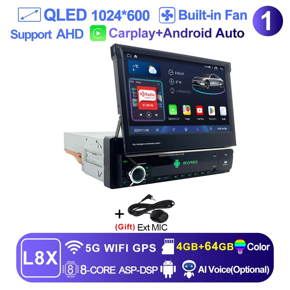 LEHX L6 1 Din Android 14 Авто Универсальный автомобильный радиоприемник 7 "QLED Выдвижной экран Мультимедийный плеер Стерео GPS 4G Carplay 1din Audio