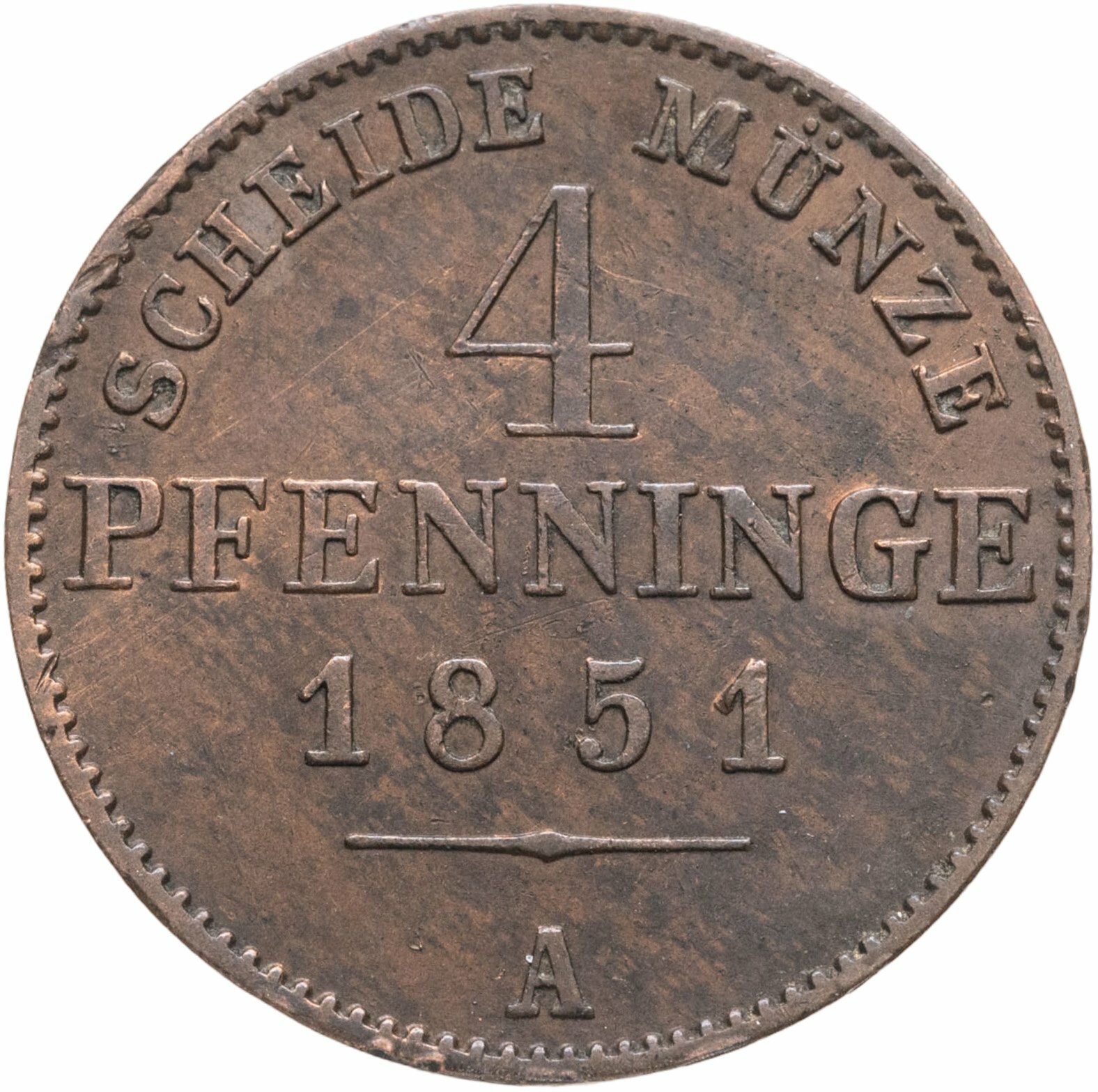 Германия, Пруссия 4 пфеннига pfennige 1851, Медь, в сохранности XF