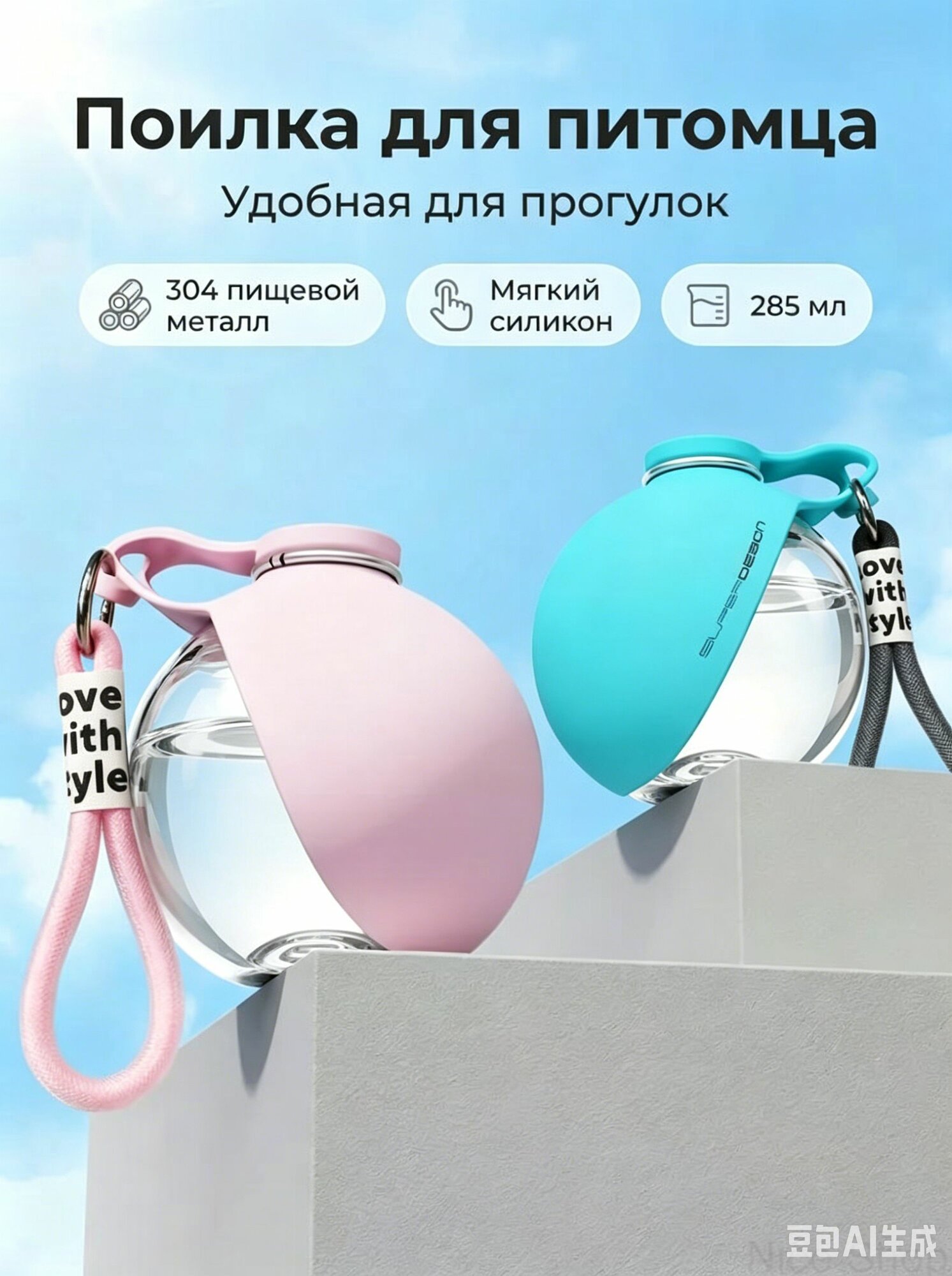 Поилка для собак дорожная портативная 285 мл, бутылка для собак, складная силиконовая миска, не проливается, для прогулок и путешествий