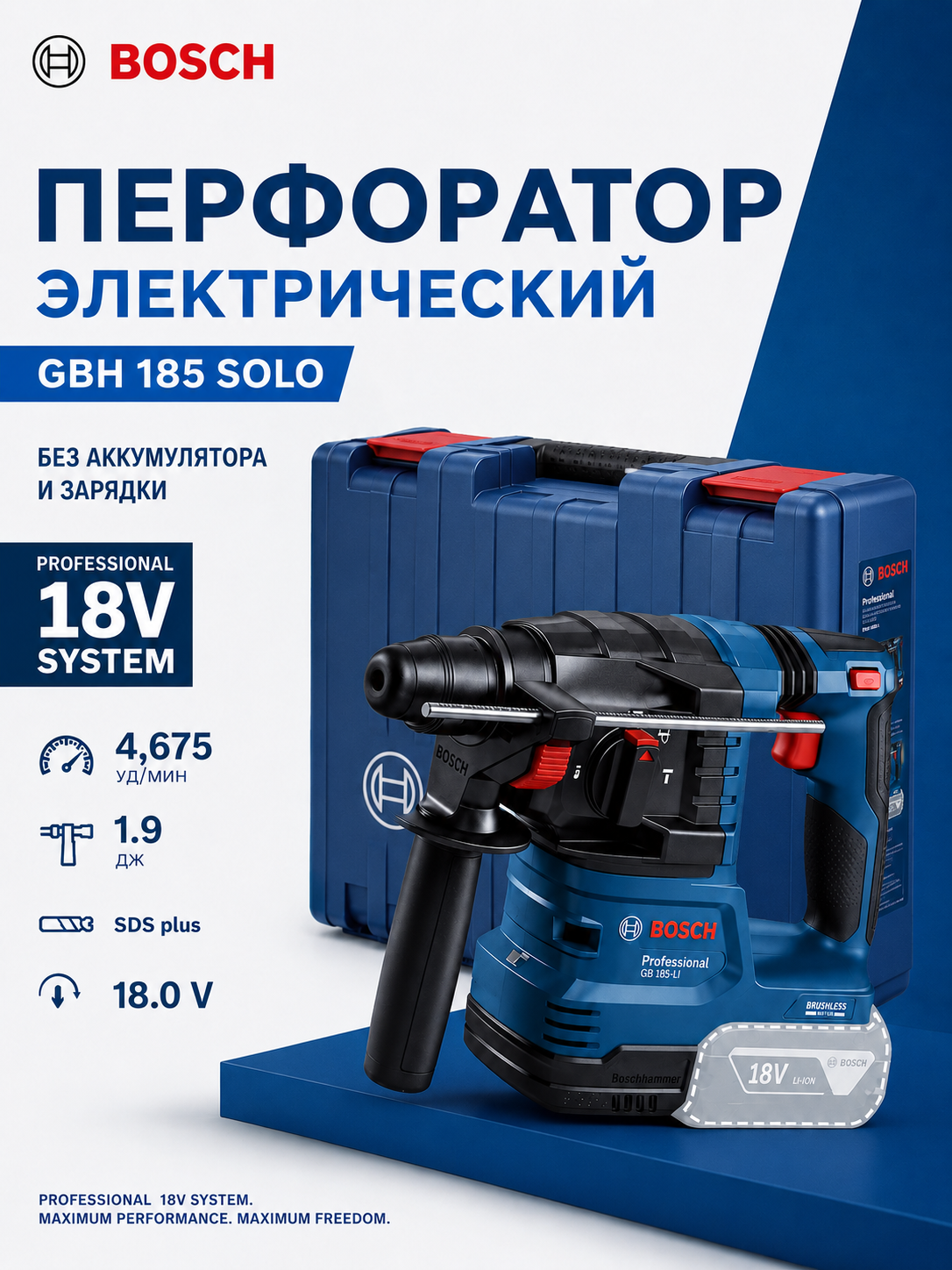 Аккумуляторный перфоратор Bosch GBH 185-LI SDS-plus 18 В, 1.9 Дж, с кейсом, без аккумулятора и зарядного устройства