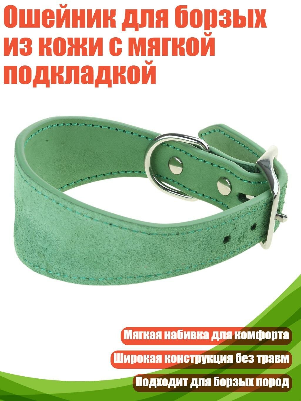 Ошейник для борзых из кожи с мягкой подкладкой, Изумруд - M