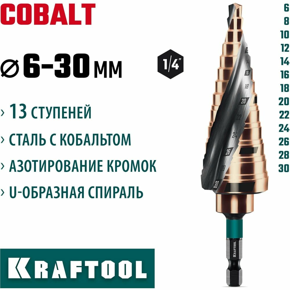 Сверло ступенчатое KRAFTOOL Cobalt 6-30мм, 13 ступеней 29691-6-30-13 — фото 1