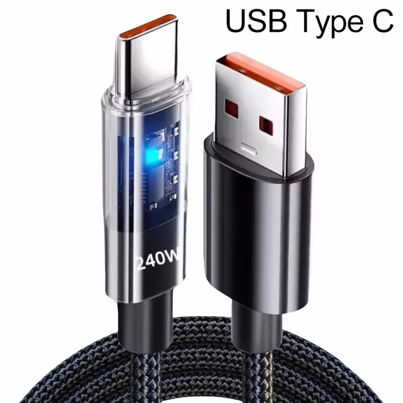 Нейлоновый USB-кабель Type-C 240W Для Быстрой Зарядки С LED-дисплеем Для Samsung, Xiaomi, 1.5m