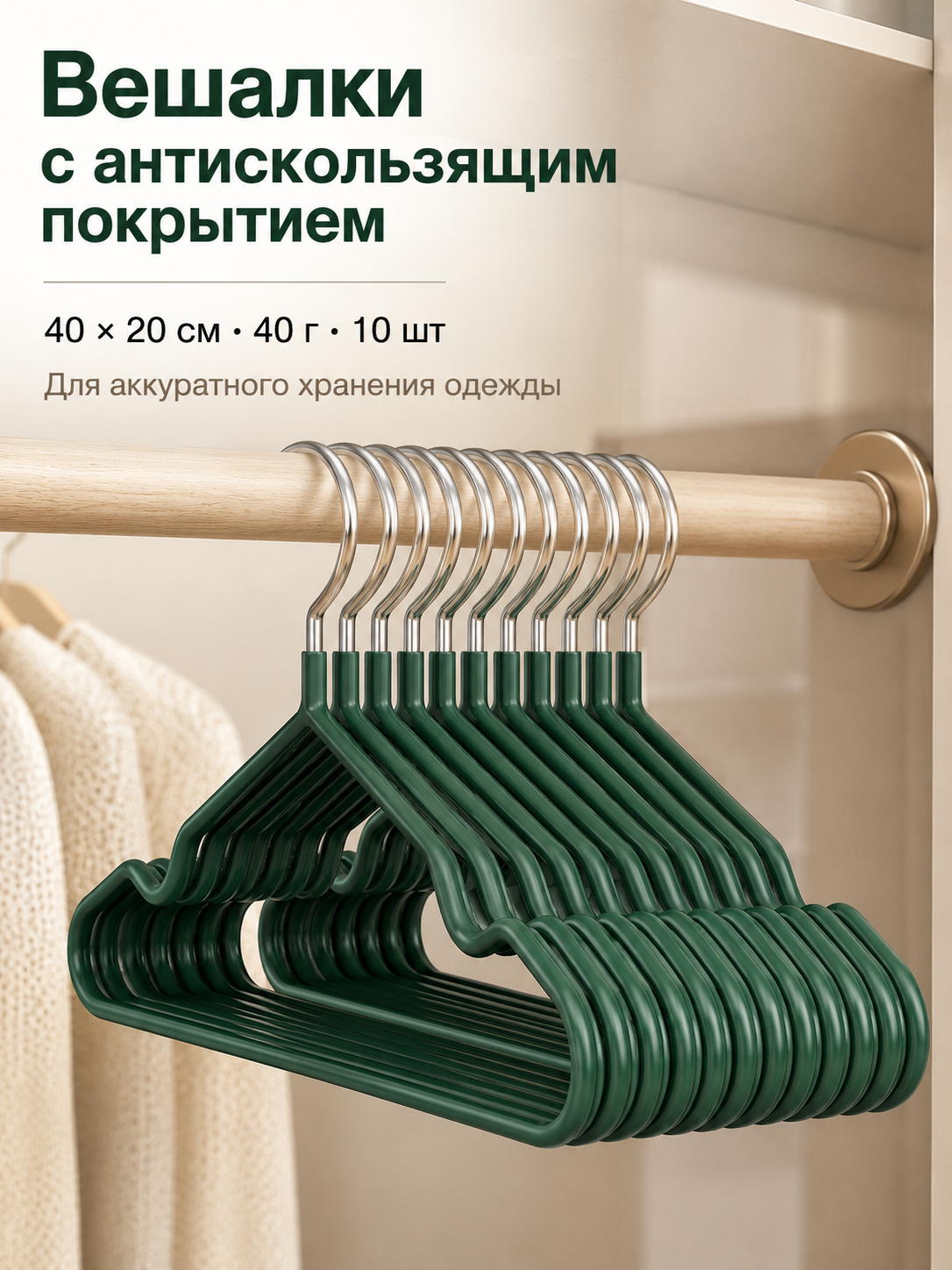 Вешалки-плечики для одежды 10 шт, темно-зеленые, с ПВХ-покрытием, нескользящие, 40 г