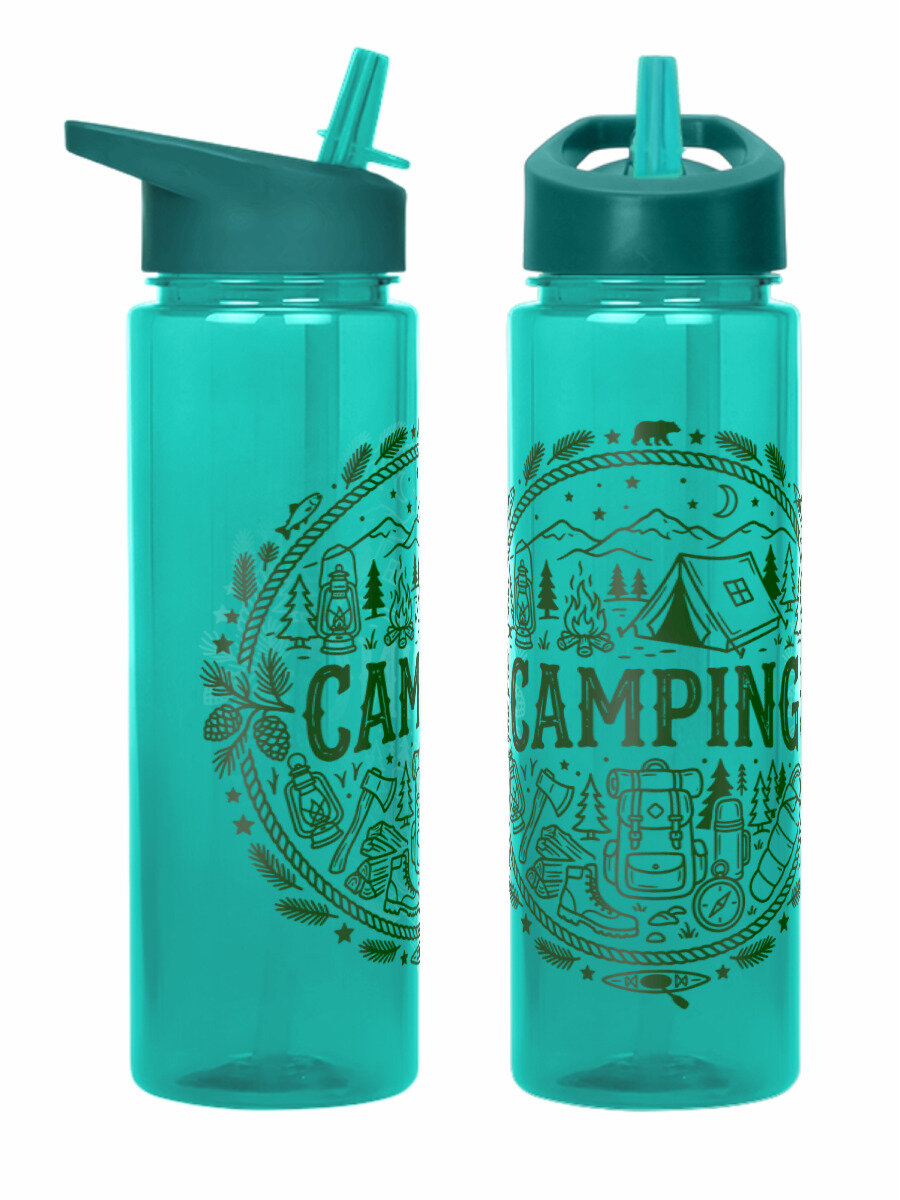 Бутылка бирюзовая для воды с принтом Camping надпись