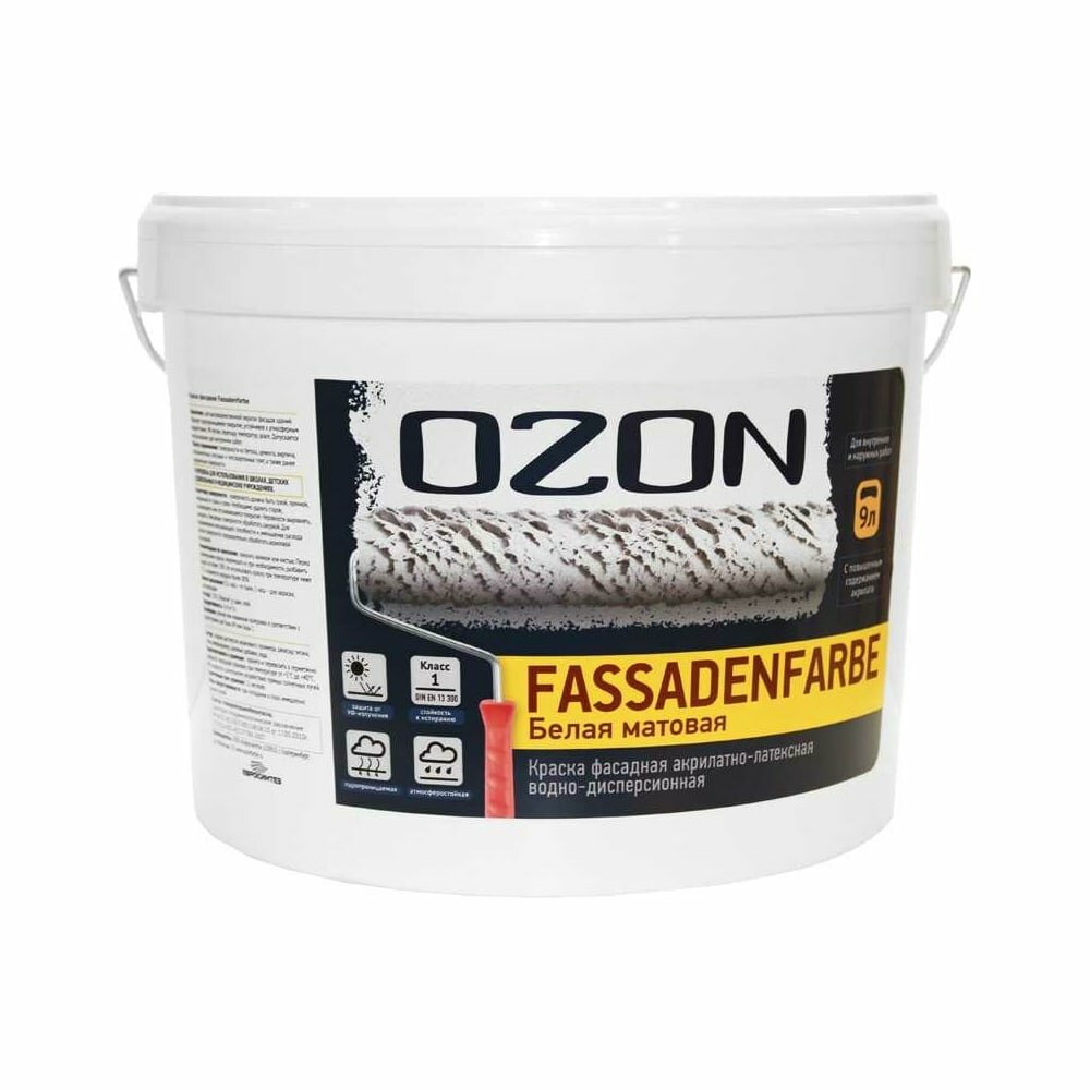 Фасадная краска OZON ВД-АК 112А FASSADENFARBE высококачественная, белая, 9 л, 14 кг ВД-АК-112А-14