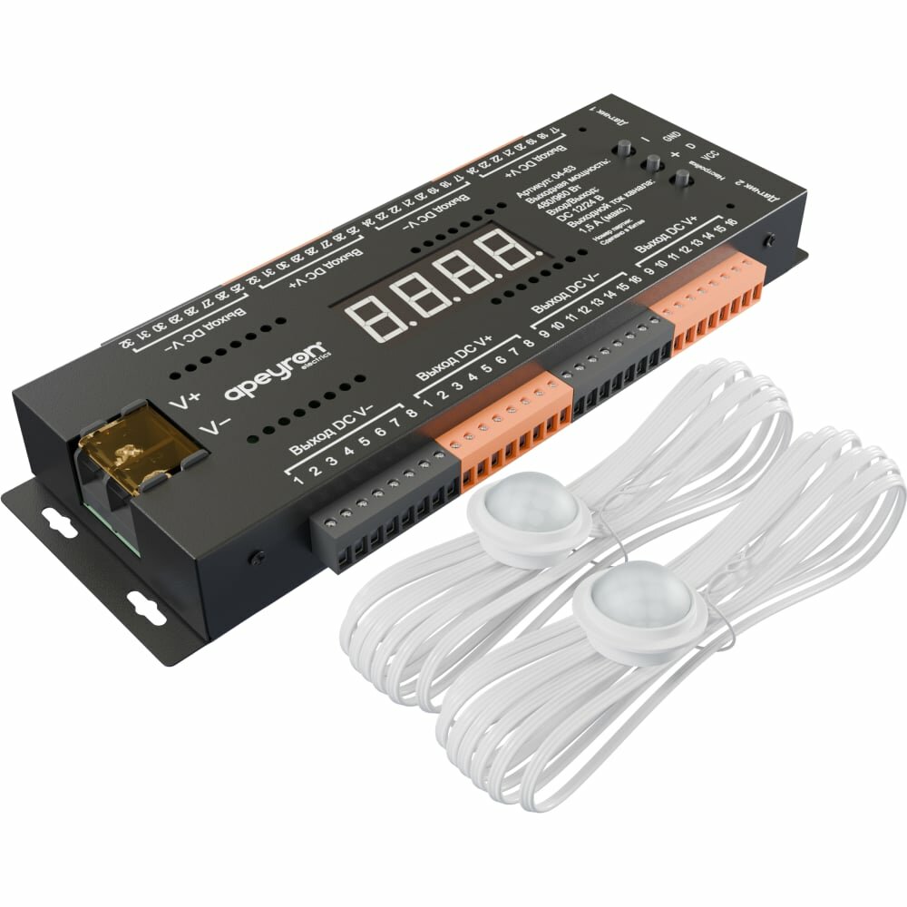 Контроллер для лестницы Apeyron 12В/24В, 480/960Вт, 32CHх1,5А, IP20, 199х63х22,5, 4 реж, 10 скор, черный 04-63