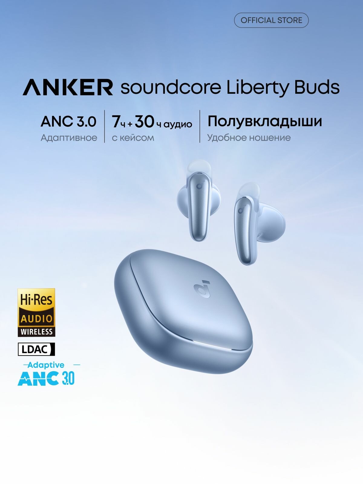 Soundcore наушники вкладыши с адаптивным шумоподавлением от Anker Liberty Buds, голубой (D1200G31)