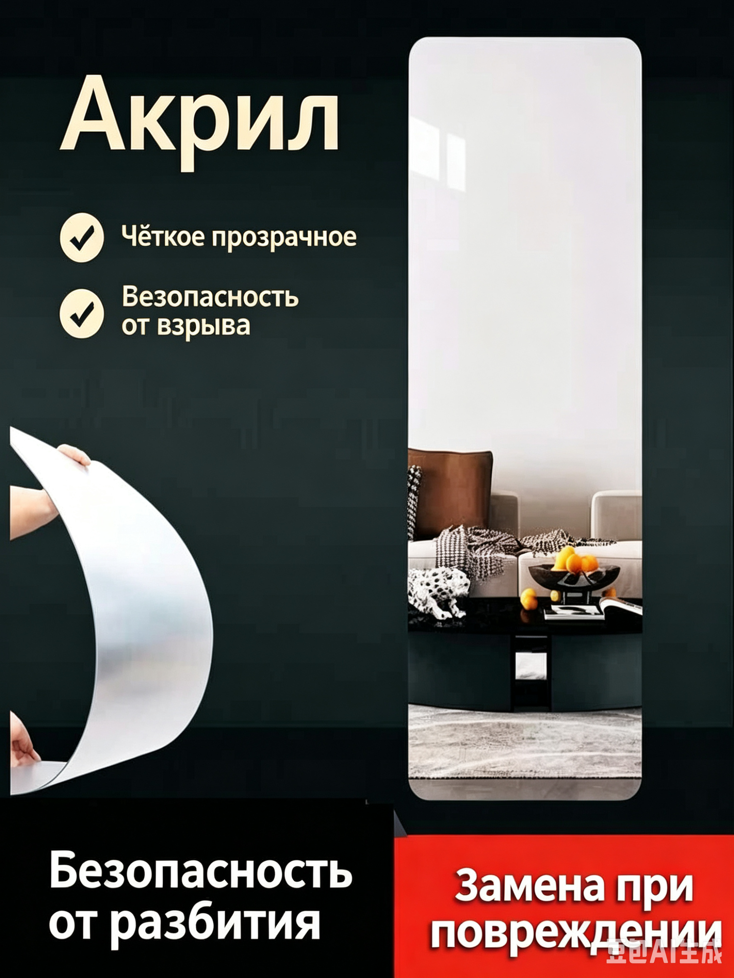 Акриловое зеркало во весь рост настенное самоклеящееся, неразбиваемое, высокая четкость Длина 120, ширина 45