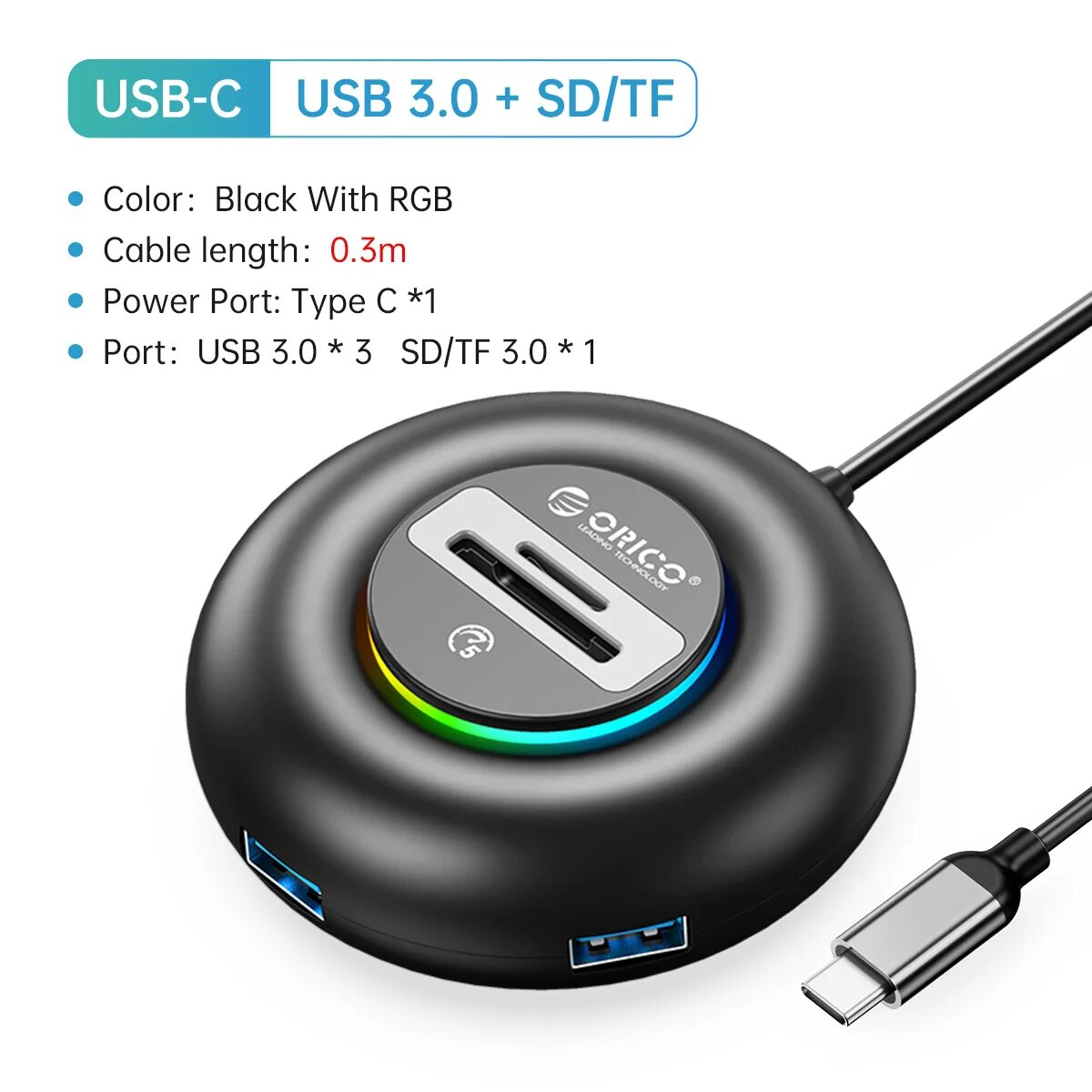 ORICO USB-C хаб USB 3.0 + SD/TF, черный YXR5-C3-03-BK