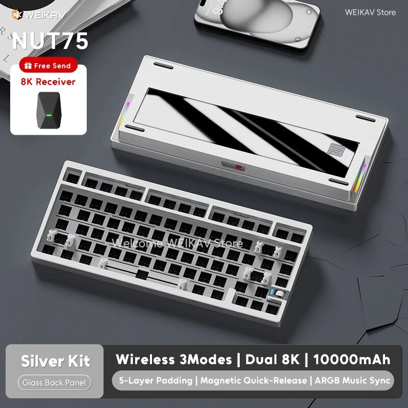 Weikav Lucky65 V3 NUT75 Механическая беспроводная клавиатура Белый, NUT75 SL Glass