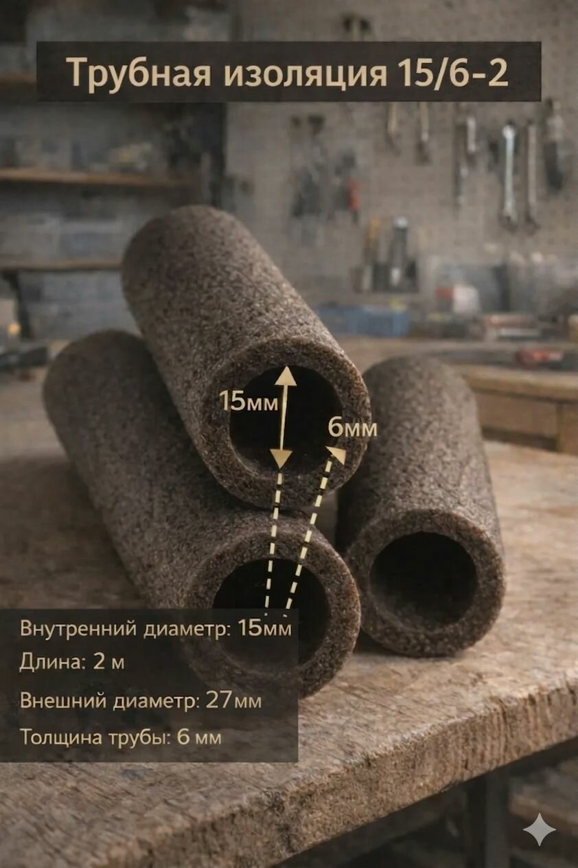 Трубная изоляция из вспененного полиэтилена 15/6 мм, 2 м, серая утеплитель для труб отопления и водоснабжения