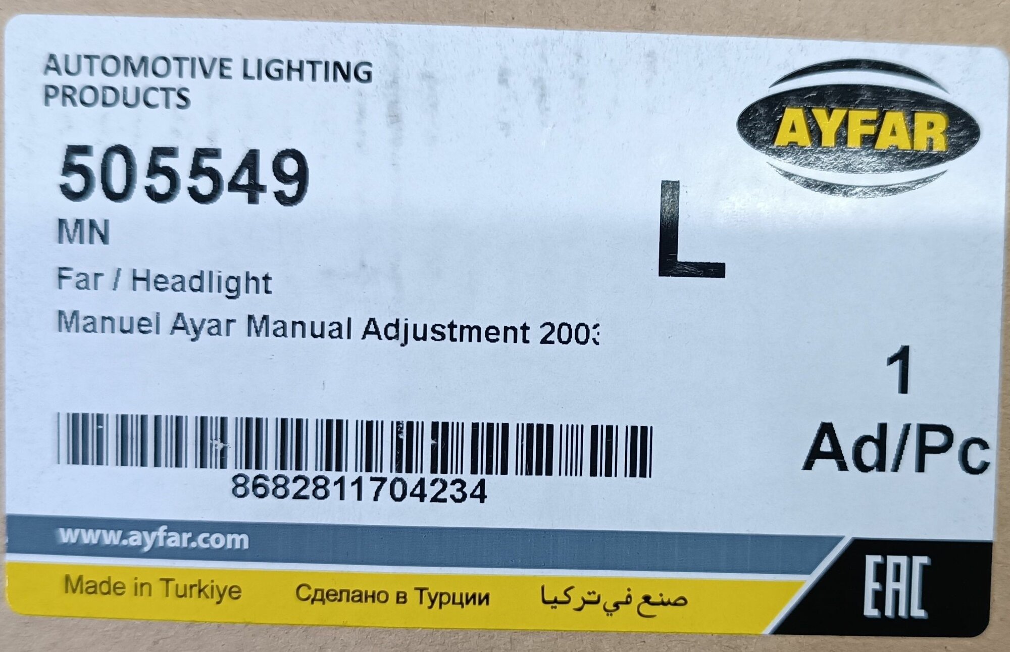 Фара левая в сборе/ MAN TGA , арт. 505549 AYFAR