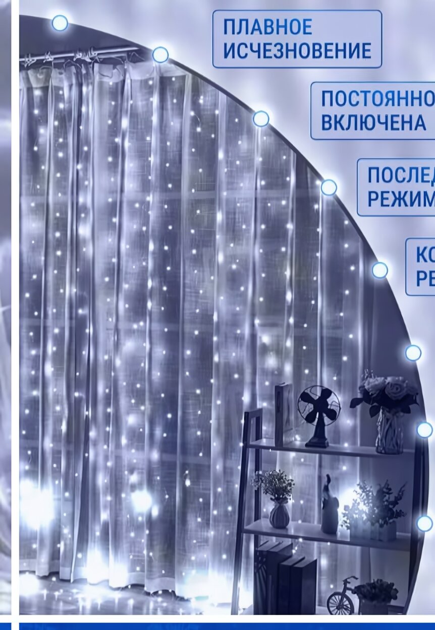 Гирлянда новогодняя светодиодная штора 3х2 м, 12 нитей, 8 режимов, холодный белый свет