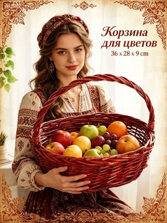 Корзина плетеная пасхальная с ручкой из лозы овальная, овальная, лоза, ручное плетение, прочных и долговечных, 36 х 32 х 9 см, 1 шт.