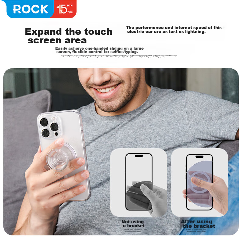ROCK Phone Ring Holder, Magnetic Airbag Phone Stand, MagSafe Magnetic Ring, Desktop Phone Stand, Silicone, Compact, Portable, Stable Support, Extendable, Detachable, Transparent Black