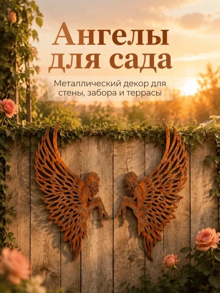 Декоративное панно "Ангелы" из металла, эффект ржавчины, для дома и сада — фото 1