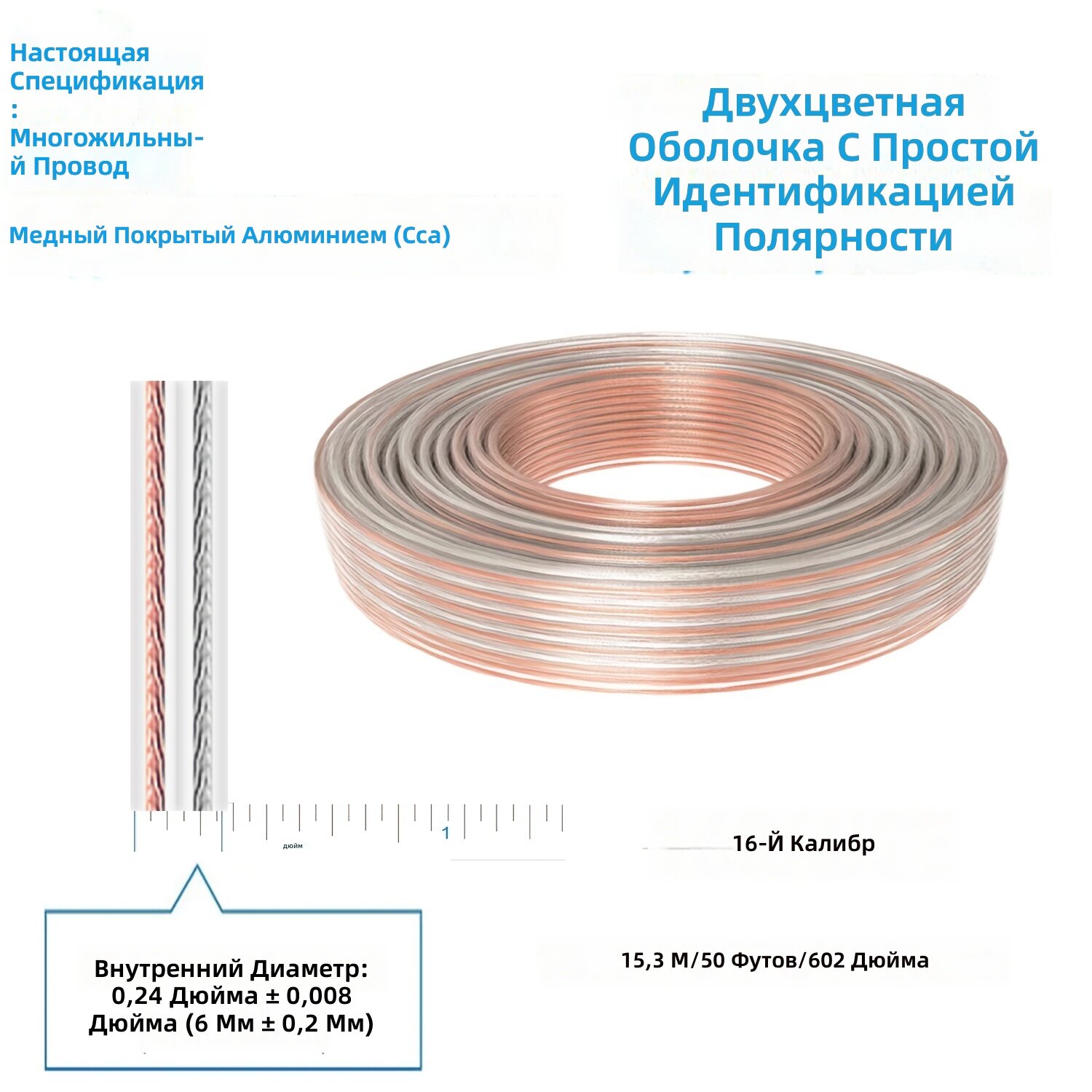 Акустический провод CCA (алюминий с медным покрытием), 16 AWG, двухжильный, 15,3 м (50 футов), для домашнего кинотеатра и автомобильных усилителей