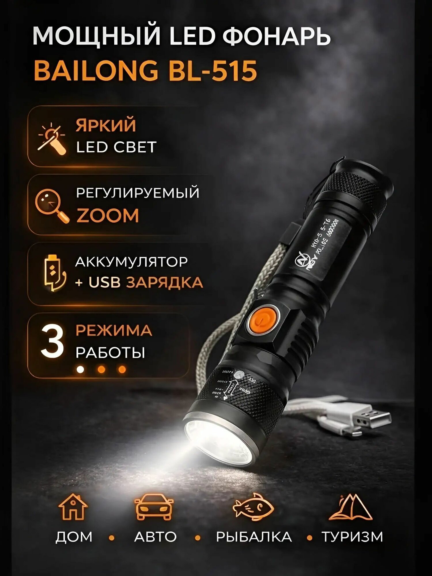 Фонарь ручной Bailong BL-515, 3 режима, ZOOM, акб, USB-xm