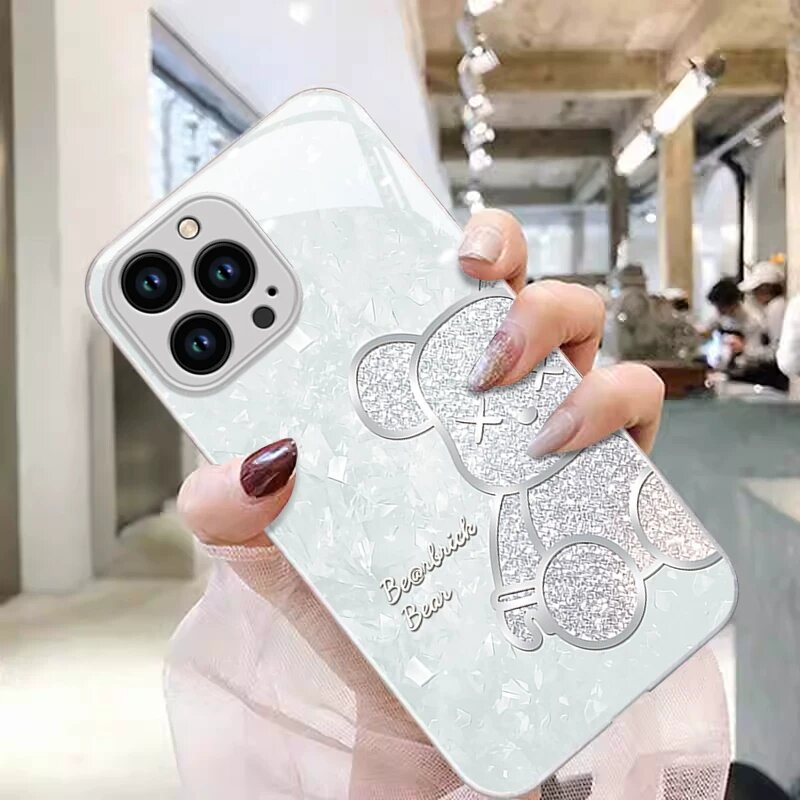 IPhone 17 Air Бриллиантовый Медвежонок Металлическая Краска Стеклянный Чехол Серебристый