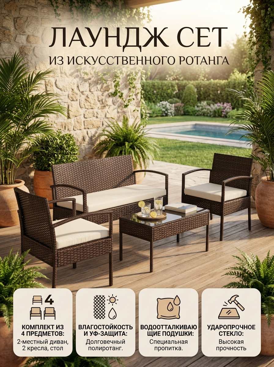 Комплект садовой мебели TetChair Лаундж сет диван 2 кресла стол полиротанг коричневый