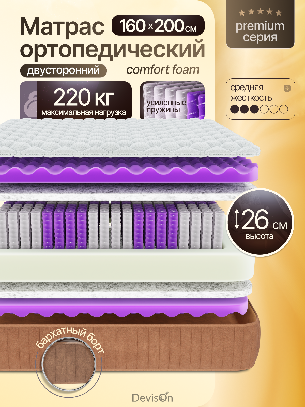 Матрас ортопедический 160х200 пружинный для кровати Devison Spring Prestige