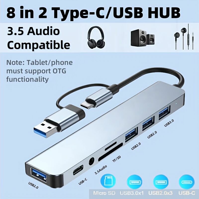 8-в-1 USB-хаб с док-станцией Type-C, USB3.0, слотом для карт SD/TF и аудиоинтерфейсом 3,5 мм, подходит для мобильных телефонов, планшетов и различных устройств.