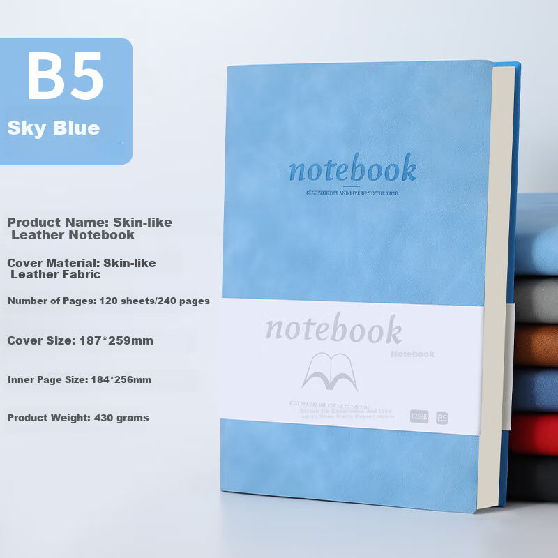 Jiaranheng Business Soft Sheepskin Leather Notebook B5 Thick Large Soft Leather Surface Notepad Notebook Stationery High Appearance Value Work Log Meeting Record Book Customization Sky Blue