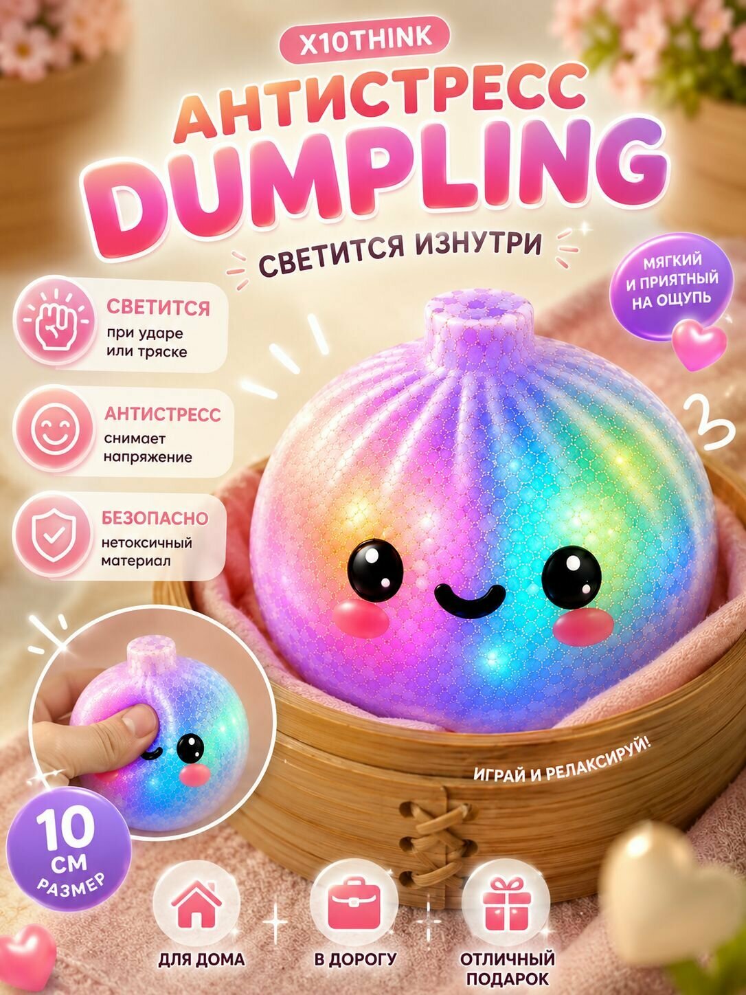 Dumpling хинкалина блестящий светящийся антистресс /пельмени сквиш/светится в темноте сквиш-мялка/ игрушка для снятия стресса 9 см светящийся сквиш антистресс мялка