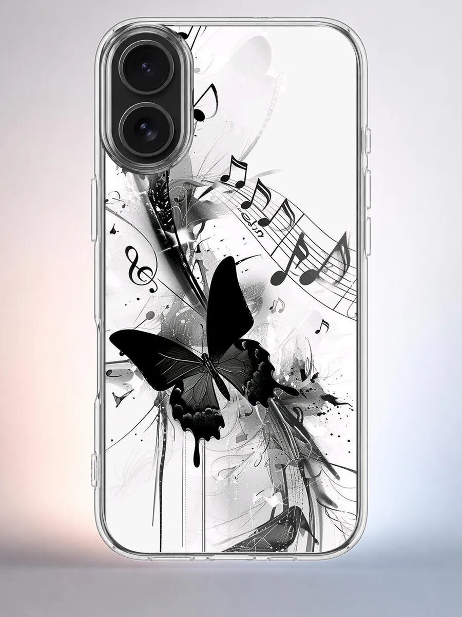 Чехол iPhone 16 бабочка ноты силиконовый прозрачный