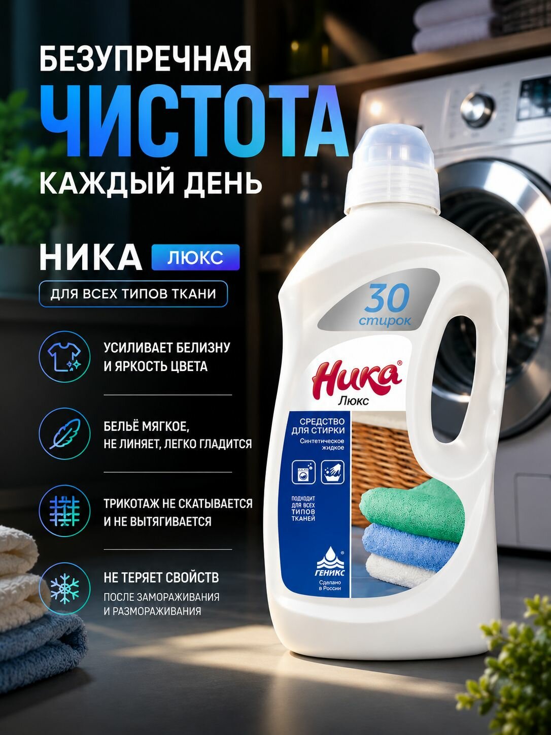 Средство для стирки Ника жидкое универсальное 1,5л, "Люкс", для всех типов ткани
