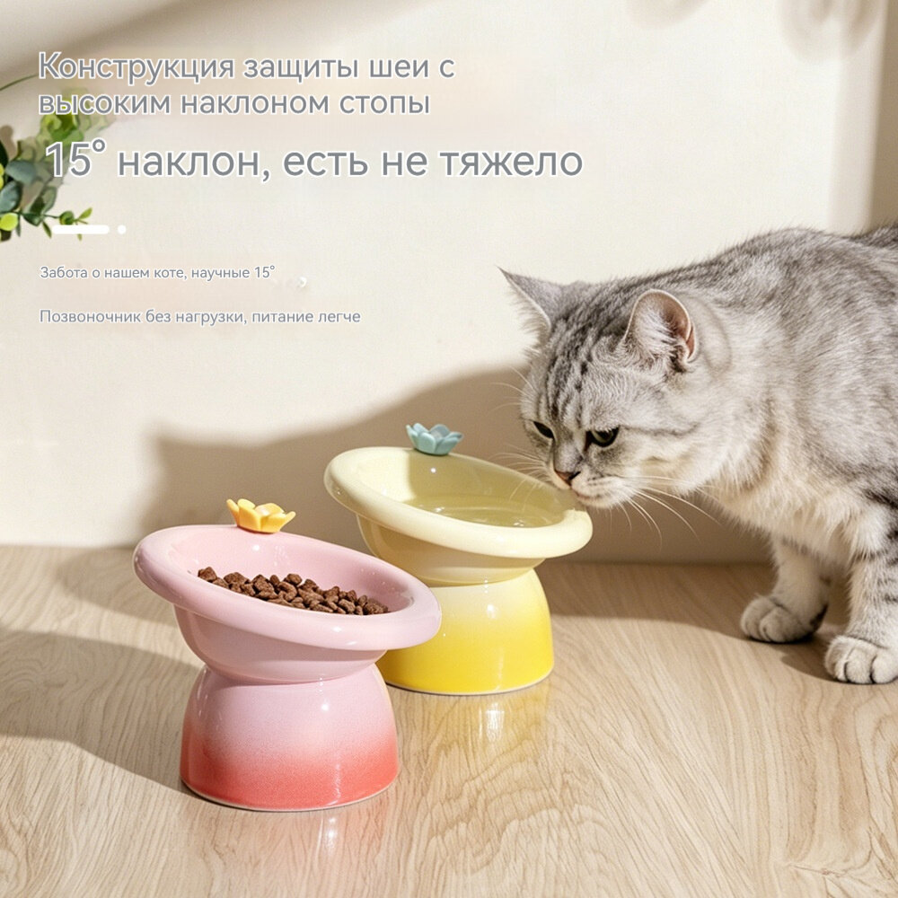 Керамическая наклонная миска для кошек на высокой ножке, защита шеи при кормлении