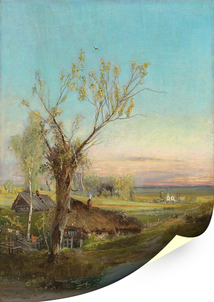 "Деревня на берегу реки", Саврасов А. К, картина для интерьера (репродукция) (30х42 см / без подрамника)