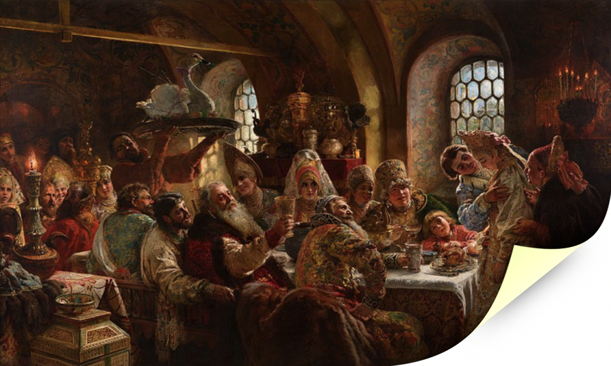Картина для интерьера "Боярский свадебный пир", художник Маковский Константин Егорович, печать на холсте (100х60 см / без подрамника)