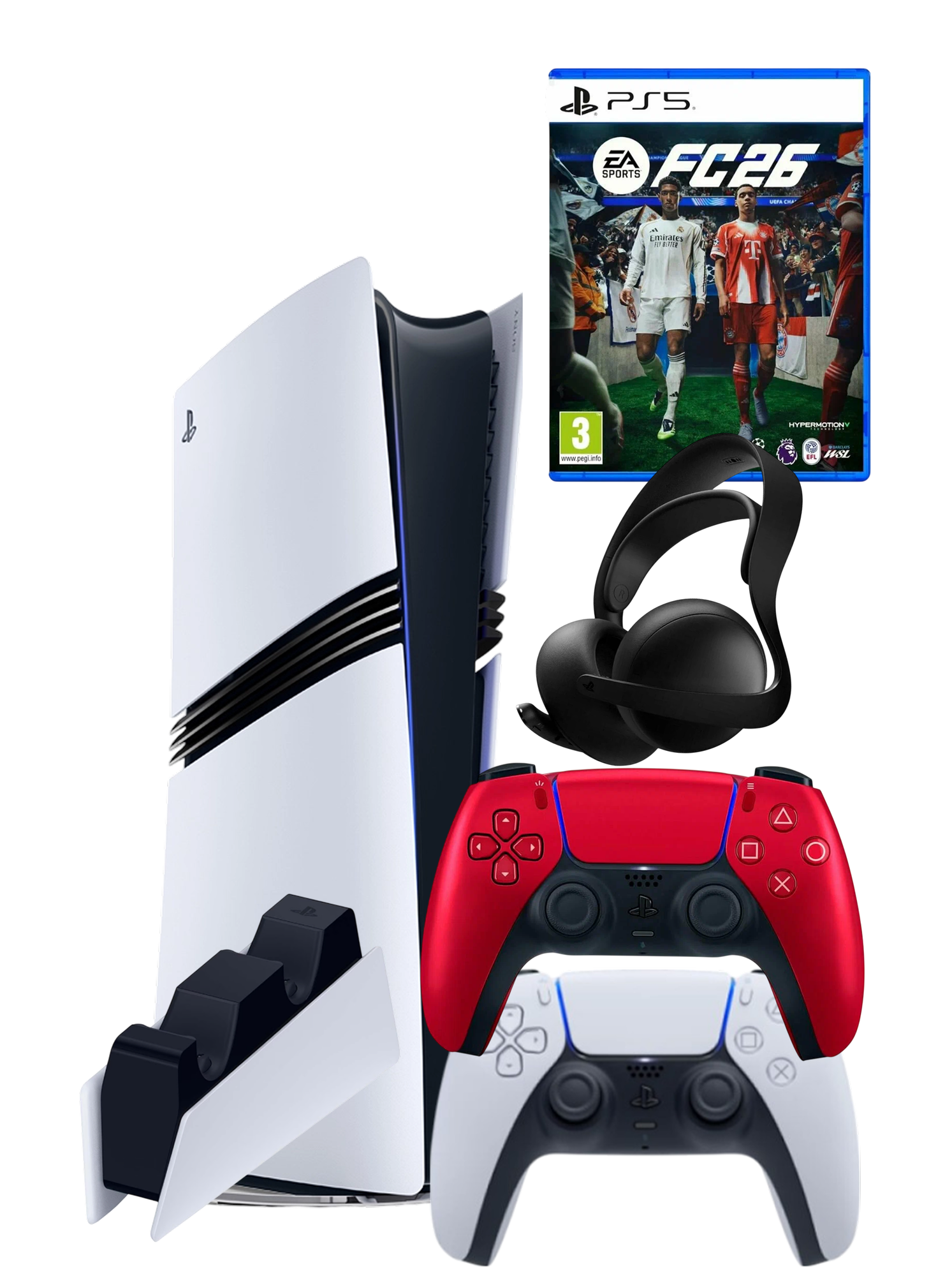 Игровая приставка Sony PS 5 Pro+ 2й геймпад вулканический красный + игра FC26 + станция зарядки + дисковод + Pulse Elite Black