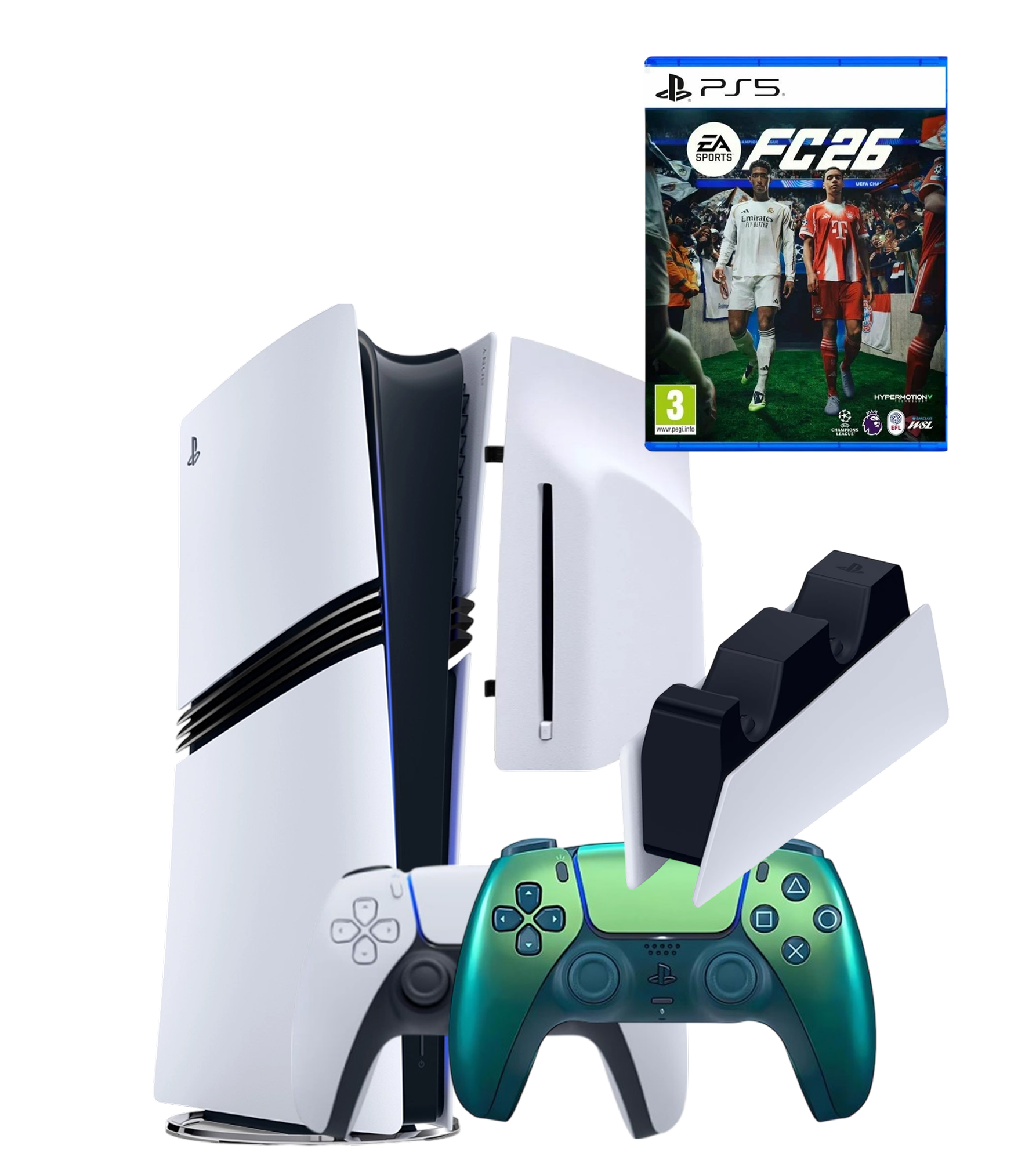 Игровая приставка PlayStation 5 Pro + 2й геймпад зеленый хром + игра FC26 + станция зарядки + дисковод
