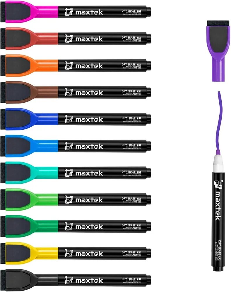 Maxtek Набор маркеров для белой доски, 12 шт, 12 цветов, безопасные, с низким запахом, для детей и взрослых, Китай